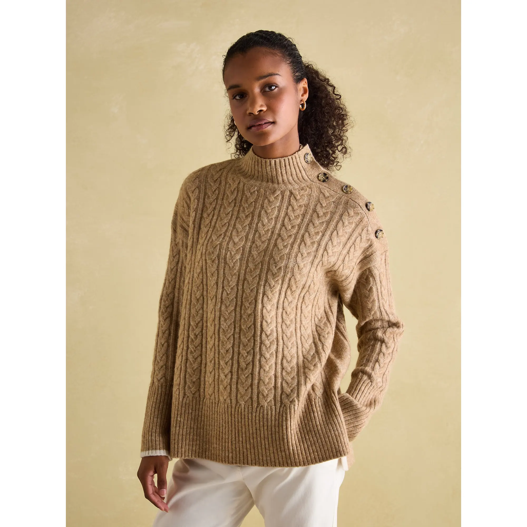 Joules Women's Betsy Button Shoulder Cable Jumper - Camel | British Attire